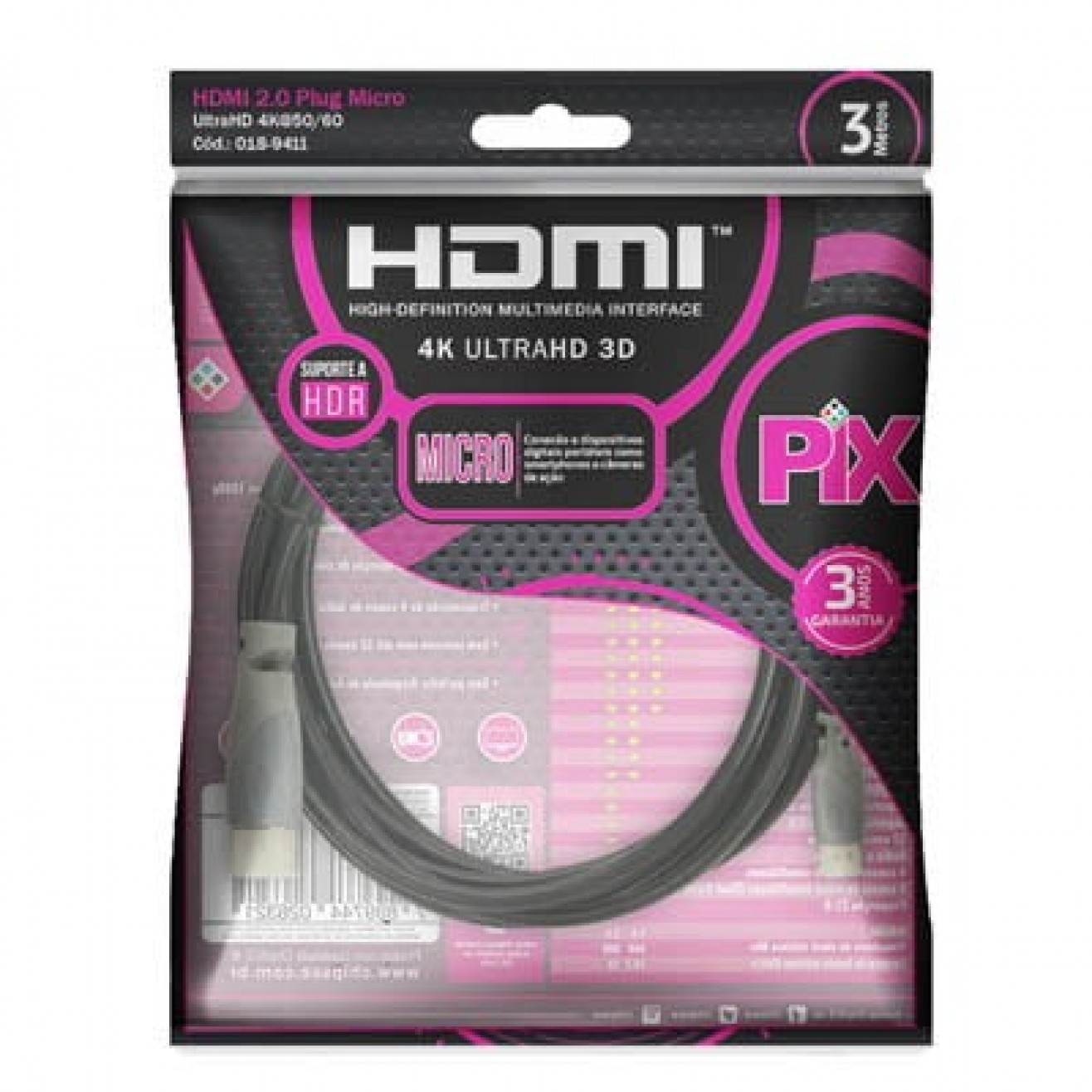 Cabo Micro HDMI 5 Metros 2.0 Ultra HD - INSTRUFIBER